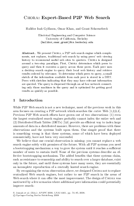 (PDF) Chora: Expert-Based P2P Web Search