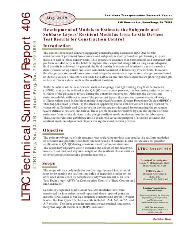 (PDF) Development of Models to Estimate the Subgrade and Subbase Layers' Resilient Modulus from ...