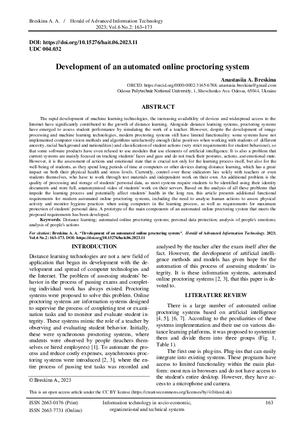 (PDF) Development of an automated online proctoring system. Anastasiia A. Breskina (Herald of ...