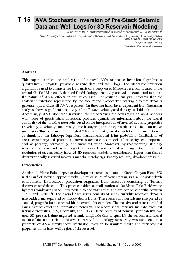 (PDF) AVA Stochastic Inversion of Pre-Stack Seismic Data and Well Logs for 3D Reservoir Modeling