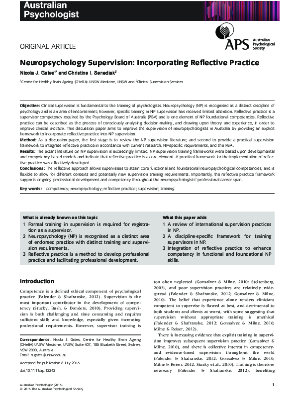 (PDF) Neuropsychology Supervision: Incorporating Reflective Practice