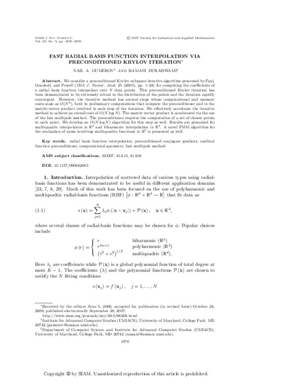 (PDF) Fast Radial Basis Function Interpolation via Preconditioned Krylov Iteration