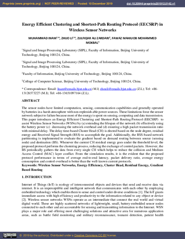 Pdf Energy Efficient Clustering And Shortest Path Routing Protocol Eecsrp In Wireless Sensor