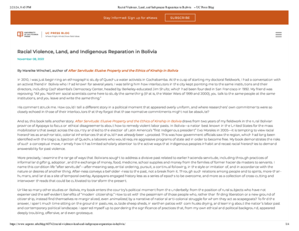 (PDF) Racial Violence, Land, and Indigenous Reparation in Bolivia