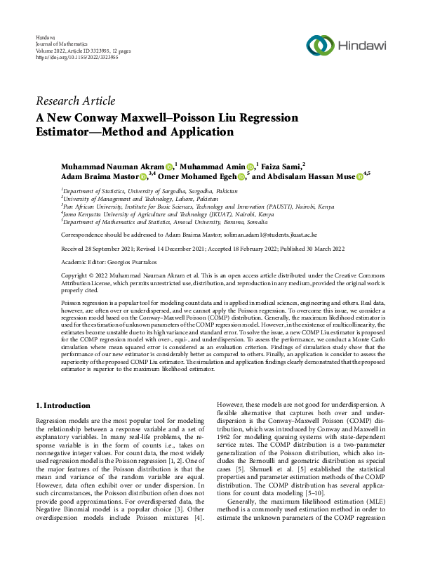 (PDF) A New Conway Maxwell–Poisson Liu Regression Estimator—Method and ...