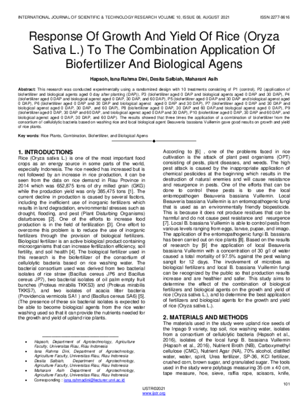 (PDF) Response Of Growth And Yield Of Rice (Oryza Sativa L.) To The Combination Application Of ...