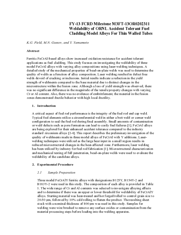 (PDF) FY-13 FCRD Milestone M3FT-13OR0202311 Weldability of ORNL ...