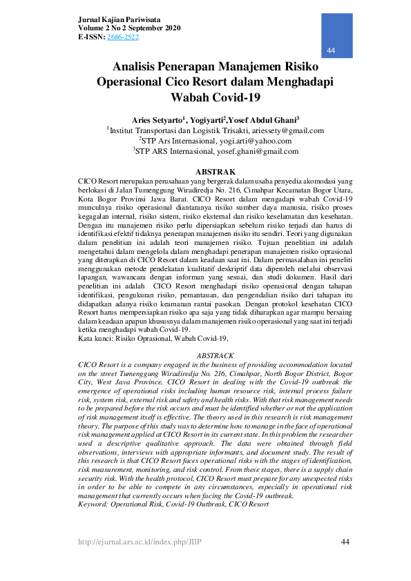(PDF) Analisis Penerapan Manajemen Risiko Operasional Cico Resort dalam Menghadapi Wabah Covid-19