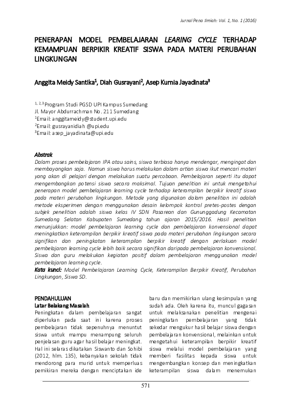 (PDF) Penerapan Model Pembelajaran Learing Cycle Terhadap Kemampuan Berpikir Kreatif Siswa Pada ...
