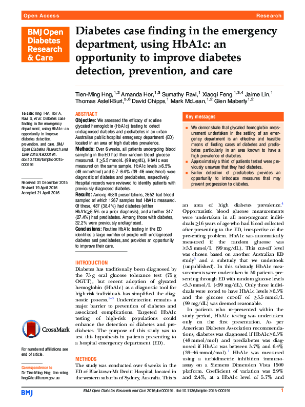 (PDF) Diabetes case finding in the emergency department, using HbA1c ...