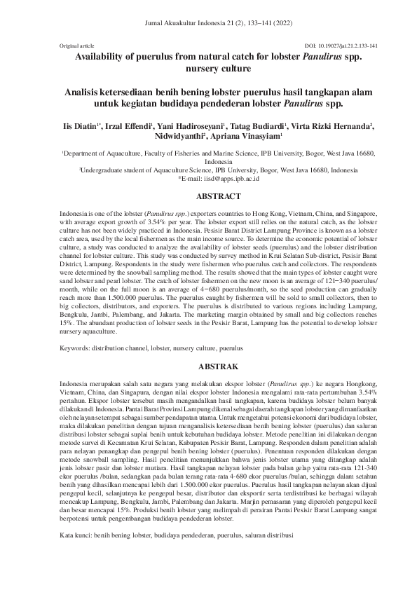 (PDF) Availability of puerulus from natural catch for lobster panulirus ...