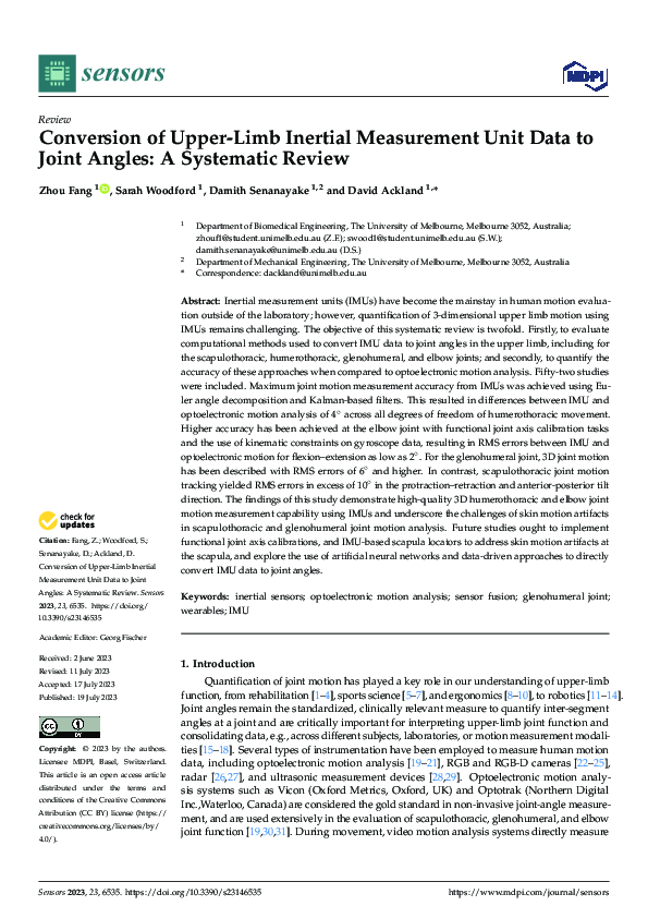 (PDF) Conversion of Upper-Limb Inertial Measurement Unit Data to Joint Angles: A Systematic Review