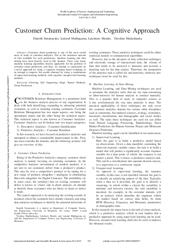 (PDF) Customer Churn Prediction: A Cognitive Approach
