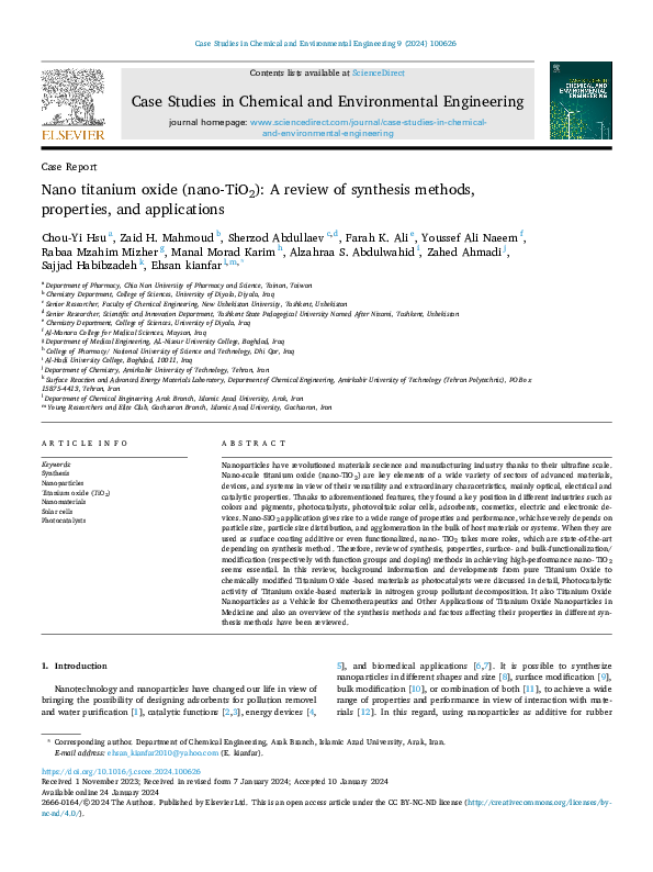 (PDF) Nano titanium oxide (nano-TiO 2 ): A review of synthesis methods, properties, and applications