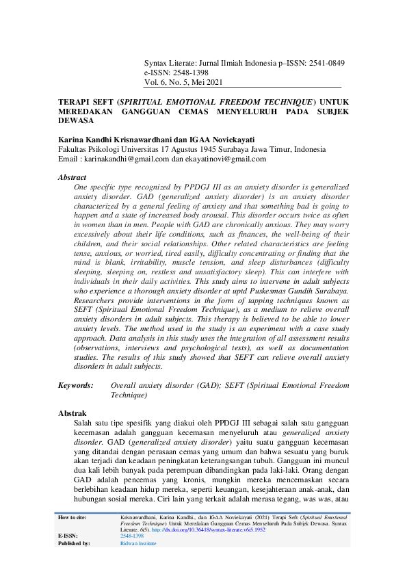 (PDF) Terapi Seft (Spiritual Emotional Freedom Technique) untuk Meredakan Gangguan Cemas ...