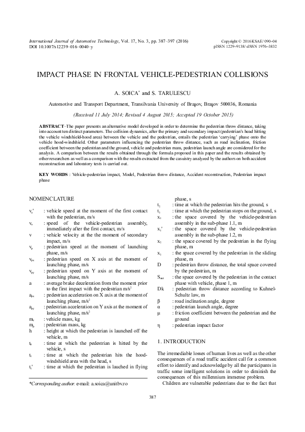 (PDF) Impact phase in frontal vehicle-pedestrian collisions
