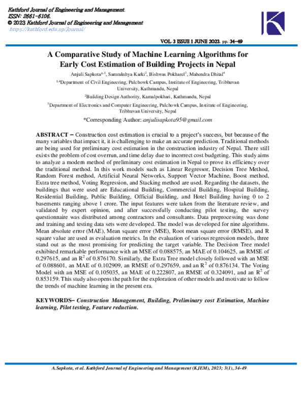 (PDF) A Comparative Study of Machine Learning Algorithms for Early Cost ...