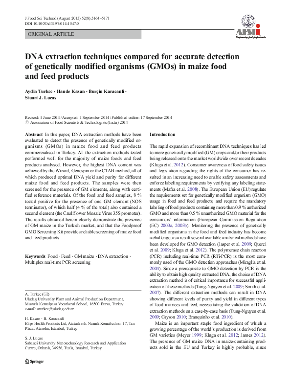 (PDF) DNA extraction techniques compared for accurate detection of genetically modified ...