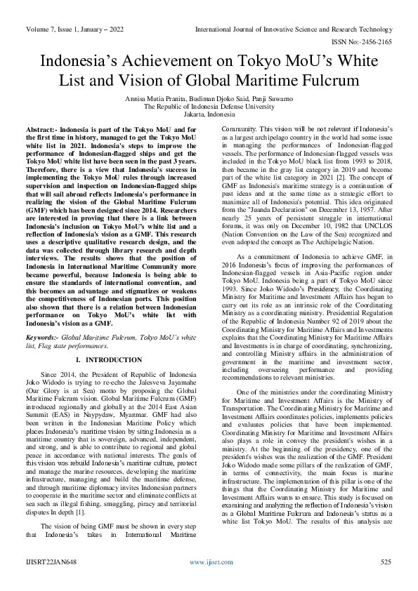 (PDF) Indonesia's Achievement on Tokyo MoU's White List and Vision of ...