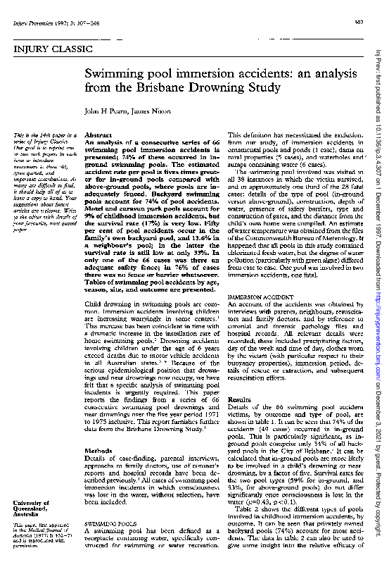 (PDF) Swimming pool immersion accidents: an analysis from the Brisbane ...