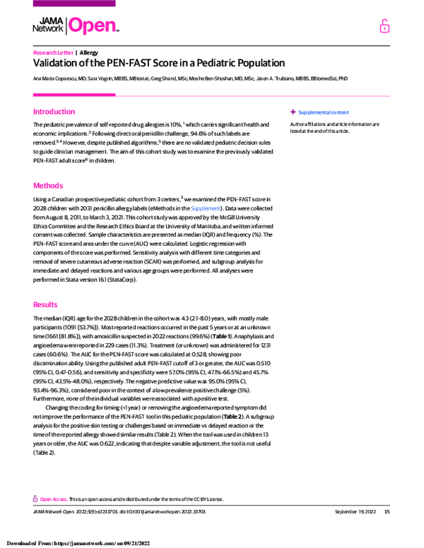 (PDF) Validation of the PEN-FAST Score in a Pediatric Population