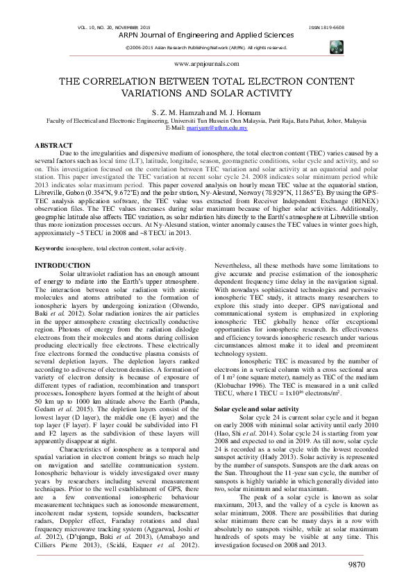 (PDF) The correlation between total electron content variations and solar activity | Mariyam ...