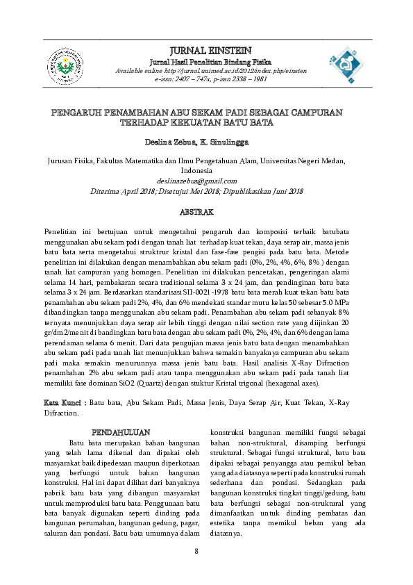 (PDF) Pengaruh Penambahan Abu Sekam Padi Sebagai Campuran Terhadap Kekuatan Batu Bata