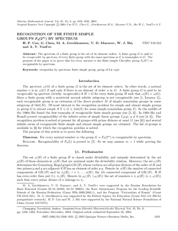 (PDF) Recognition of the Finite Simple Groups F4(2m) by Spectrum