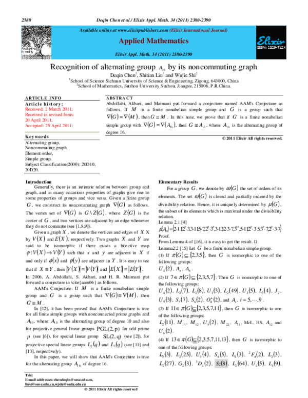 (PDF) Recognition of alternating group 16 A by its noncommuting graph