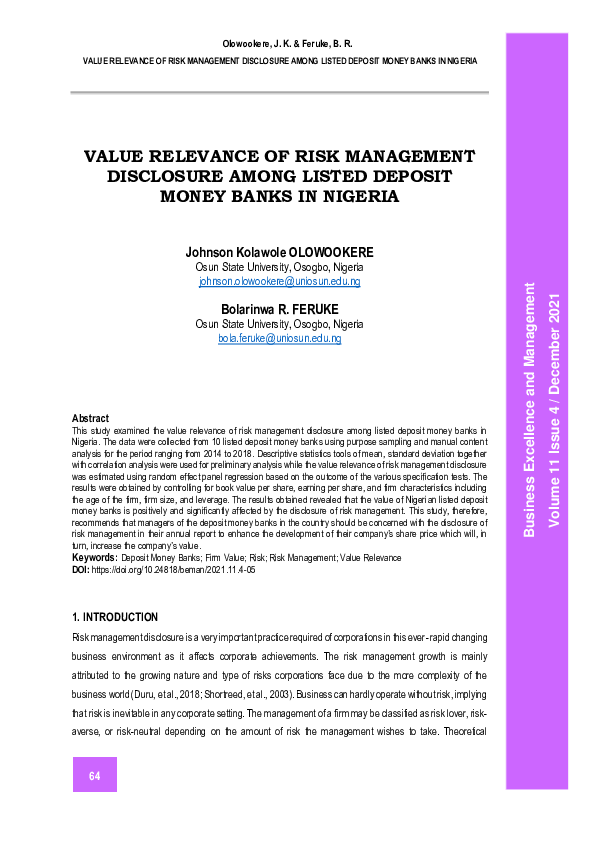 (PDF) Value Relevance of Risk Management Disclosure Among Listed ...