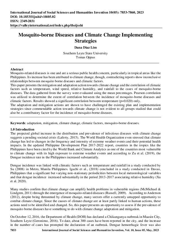(PDF) Mosquito-borne Diseases and Climate Change Implementing Strategies