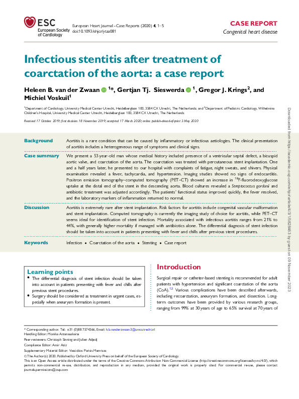 (PDF) Infectious stentitis after treatment of coarctation of the aorta ...