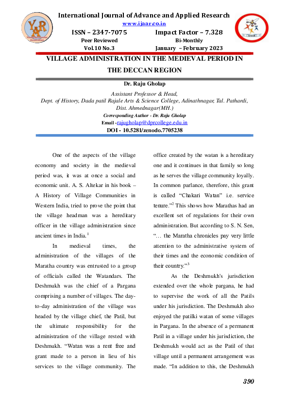 (PDF) Village Administration In The Medieval Period In The Deccan Region