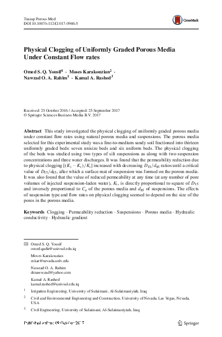 (PDF) Physical Clogging of Uniformly Graded Porous Media Under Constant ...