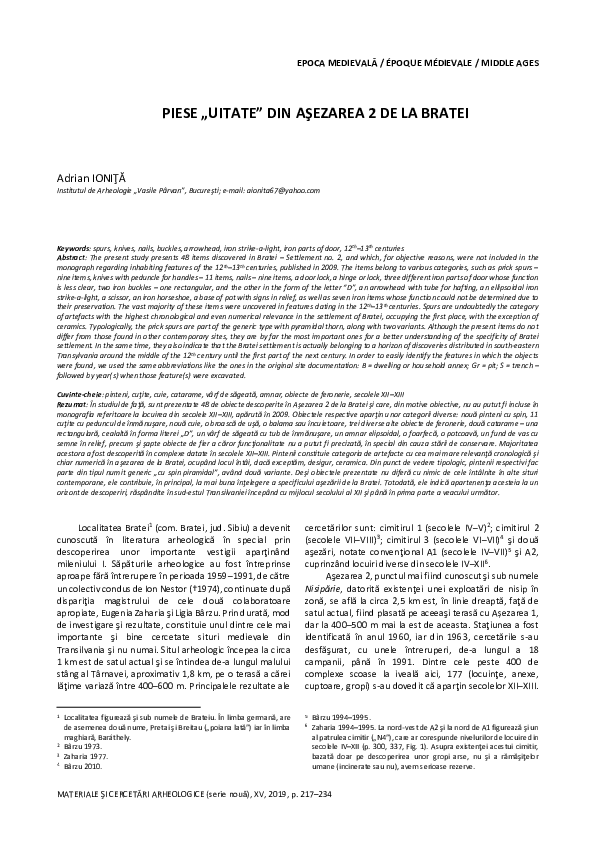 (PDF) Piese „uitate” din aşezarea 2 de la Bratei / “Forgotten ...