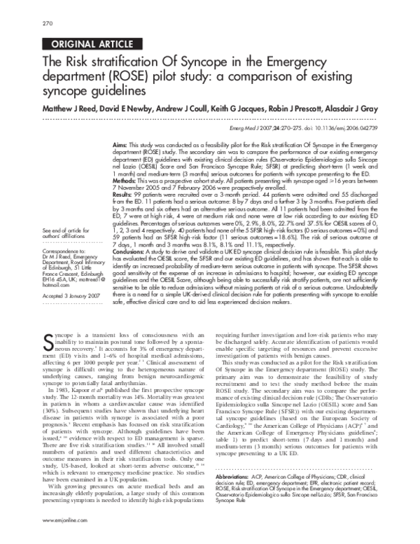 (PDF) The Risk stratification Of Syncope in the Emergency department ...