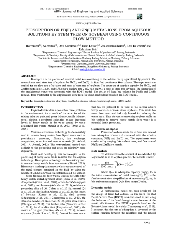 (PDF) Biosorption of PB ( II ) and ZN ( II ) Metal Ions from Aqueous Solutions by Stem Tree of ...