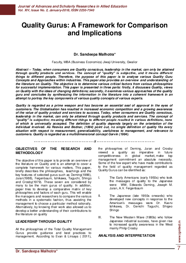 (PDF) Quality Gurus: A Framework for Comparison and Implications