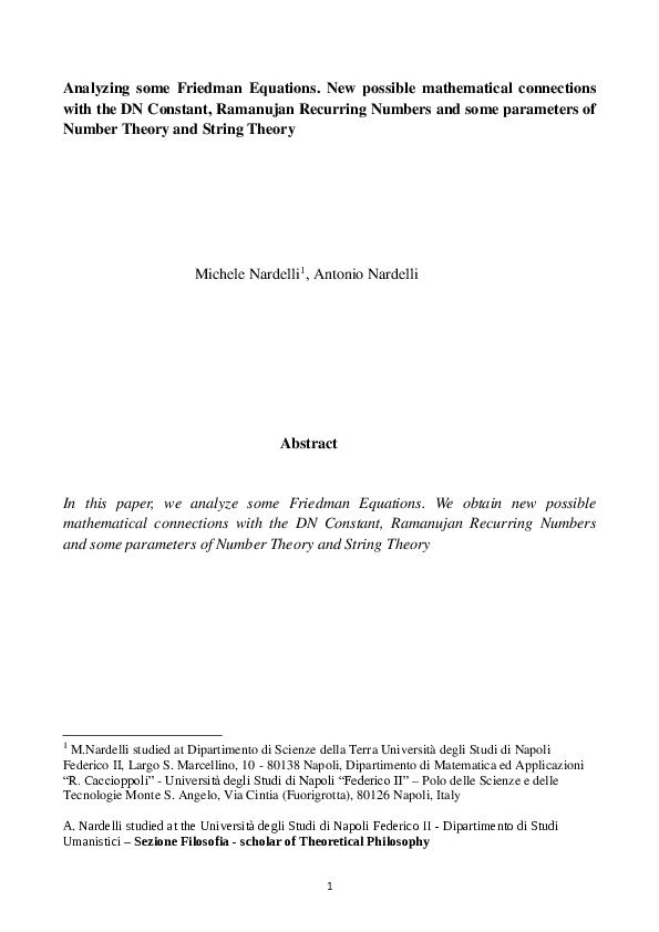 Pdf Analyzing Some Friedman Equations New Possible Mathematical Connections With The Dn