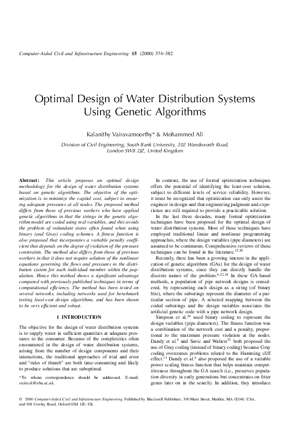 (PDF) Optimal Design of Water Distribution Systems Using Genetic Algorithms