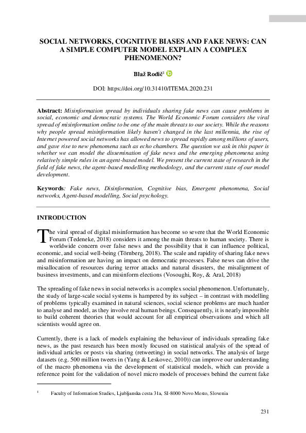 (PDF) Social Networks, Cognitive Biases and Fake News: Can a Simple Computer Model Explain a ...