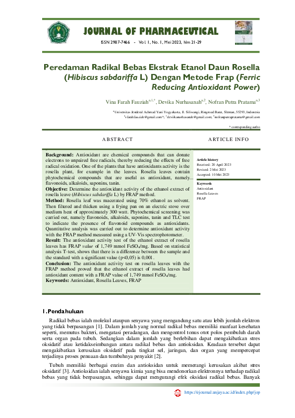 (PDF) Peredaman Radikal Bebas Ekstrak Etanol Daun Rosella (Hibiscus ...