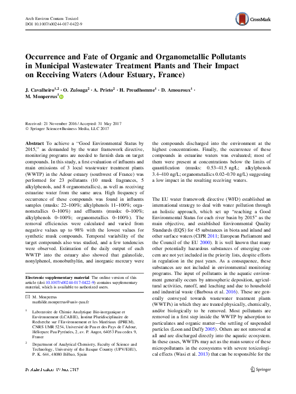 (PDF) Occurrence and Fate of Organic and Organometallic Pollutants in Municipal Wastewater ...