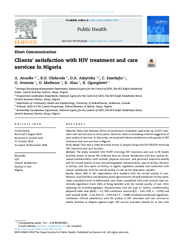 (PDF) Clients' satisfaction with HIV treatment and care services in Nigeria