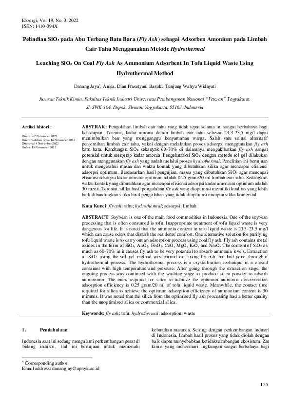 (PDF) Leaching SiO₂ On Coal Fly Ash As Ammonium Adsorbent In Tofu ...