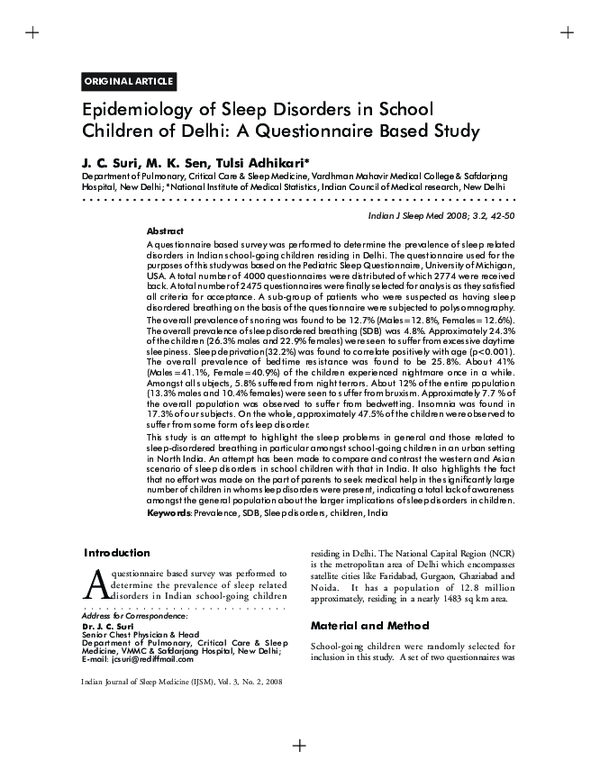 (PDF) Epidemiology of Sleep Disorders in School Children of Delhi: A ...
