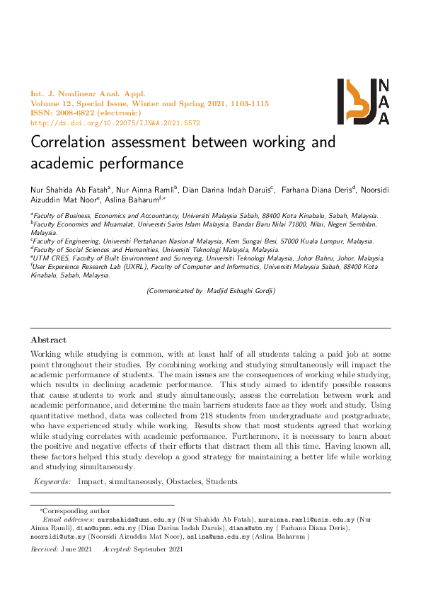 (PDF) Correlation assessment between working and academic performance