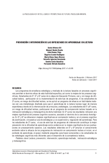 (PDF) Prevención e Intervención De Las Dificultades De Aprendizaje en Lectura
