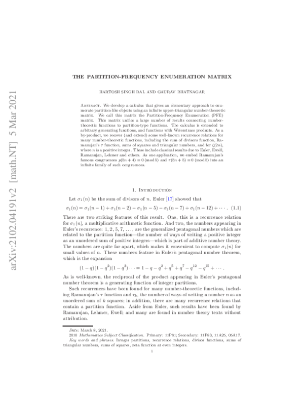 (PDF) The partition-frequency enumeration matrix