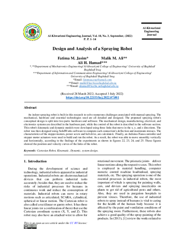 (PDF) Design and Analysis of a Spraying Robot